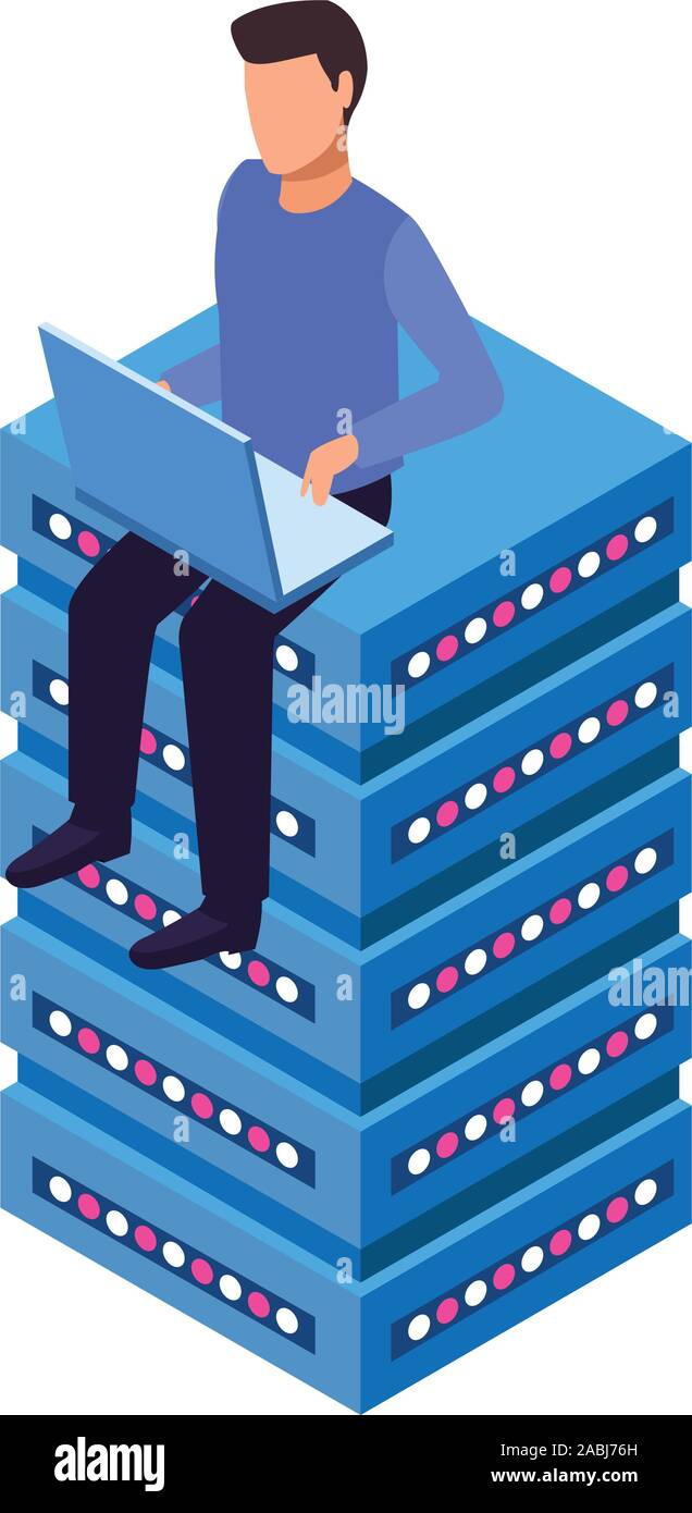 avatar man using a laptop computer and sitting on data storage center ...