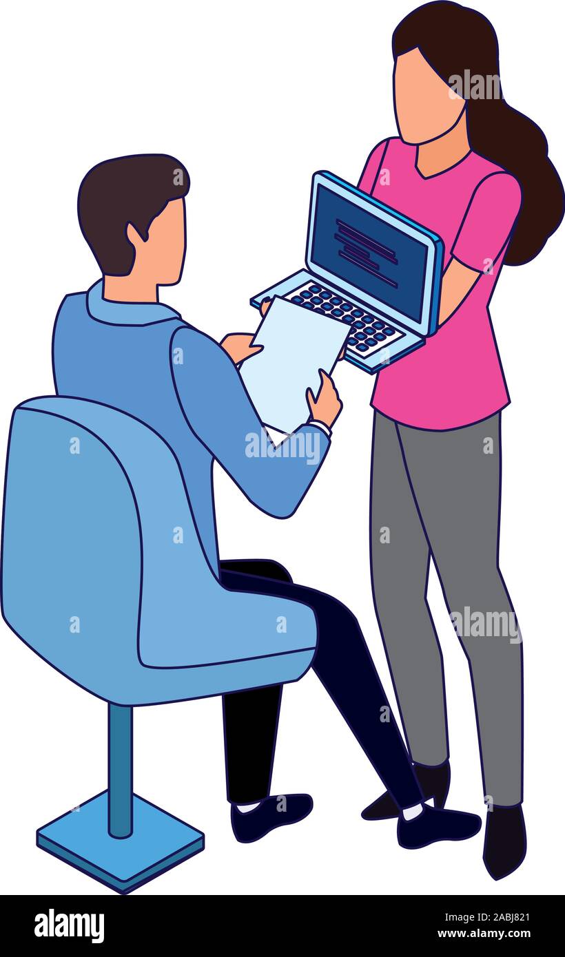 avatar woman showing a laptop computer and man sitting on a chair icon ...