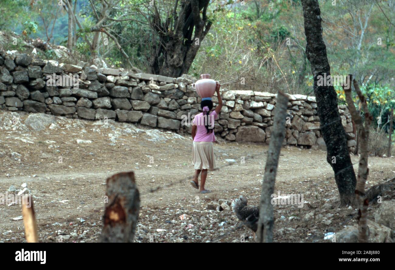A young, indigenous Chorti Maya girl carries water on head. Fresh water ...