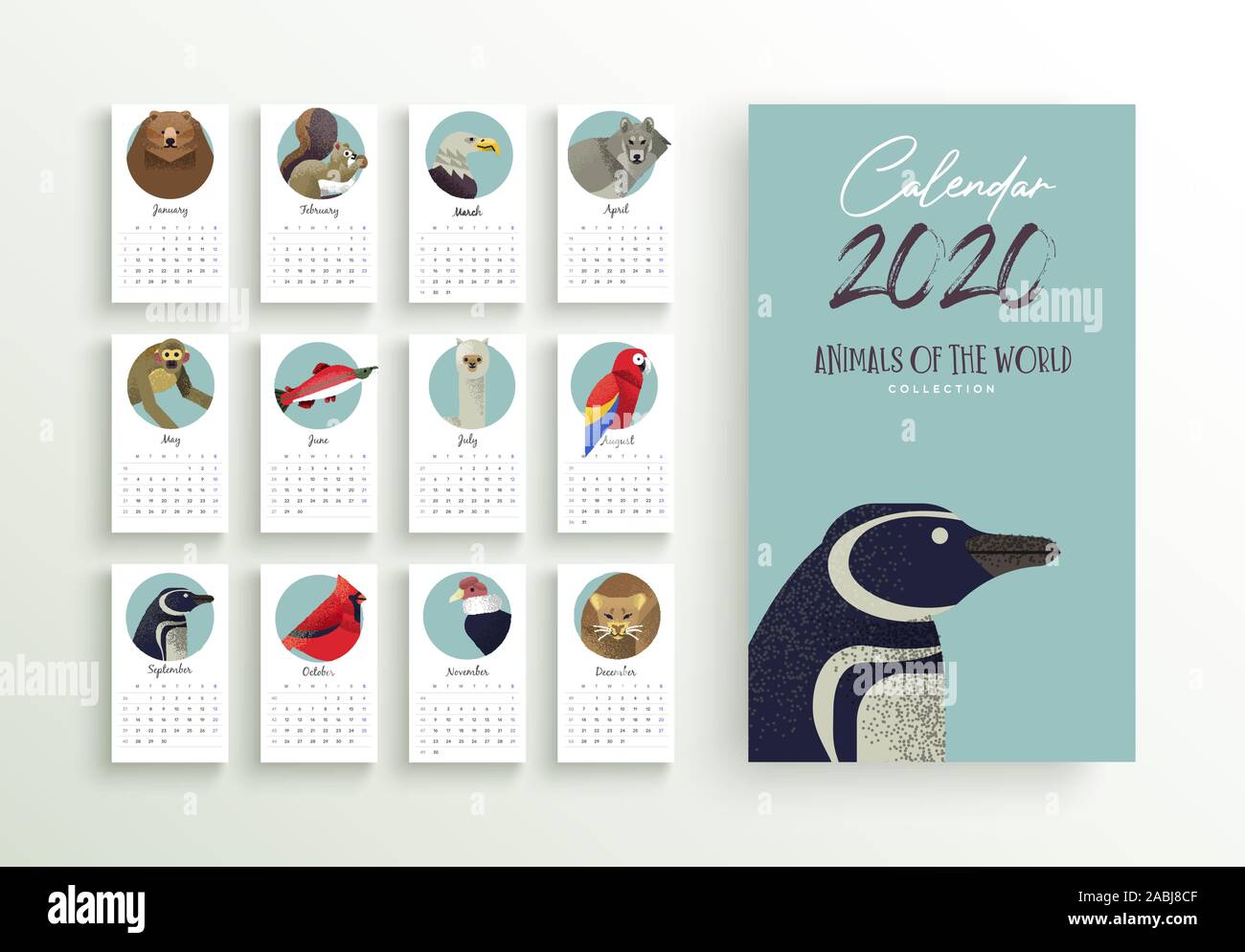 2020 calendar template, new year planner layout with wild animal ...