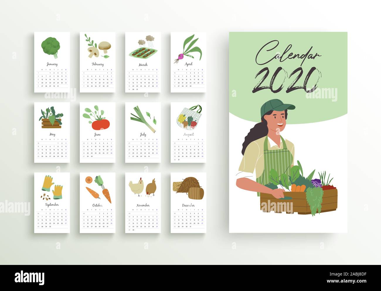2020 calendar template, new year planner with farm concept cartoon on ...