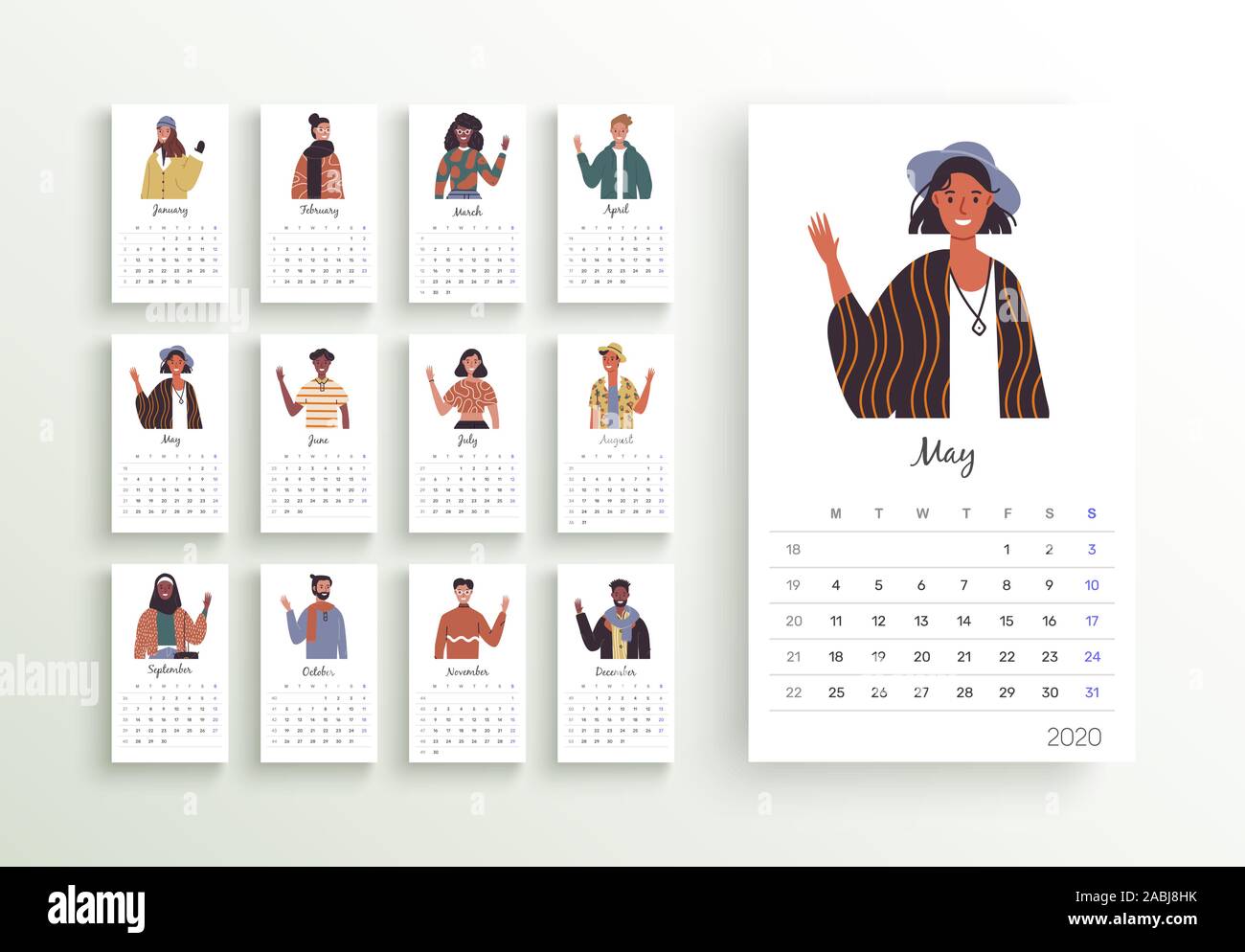 2020 calendar template, new year planner layout with diverse culture ...