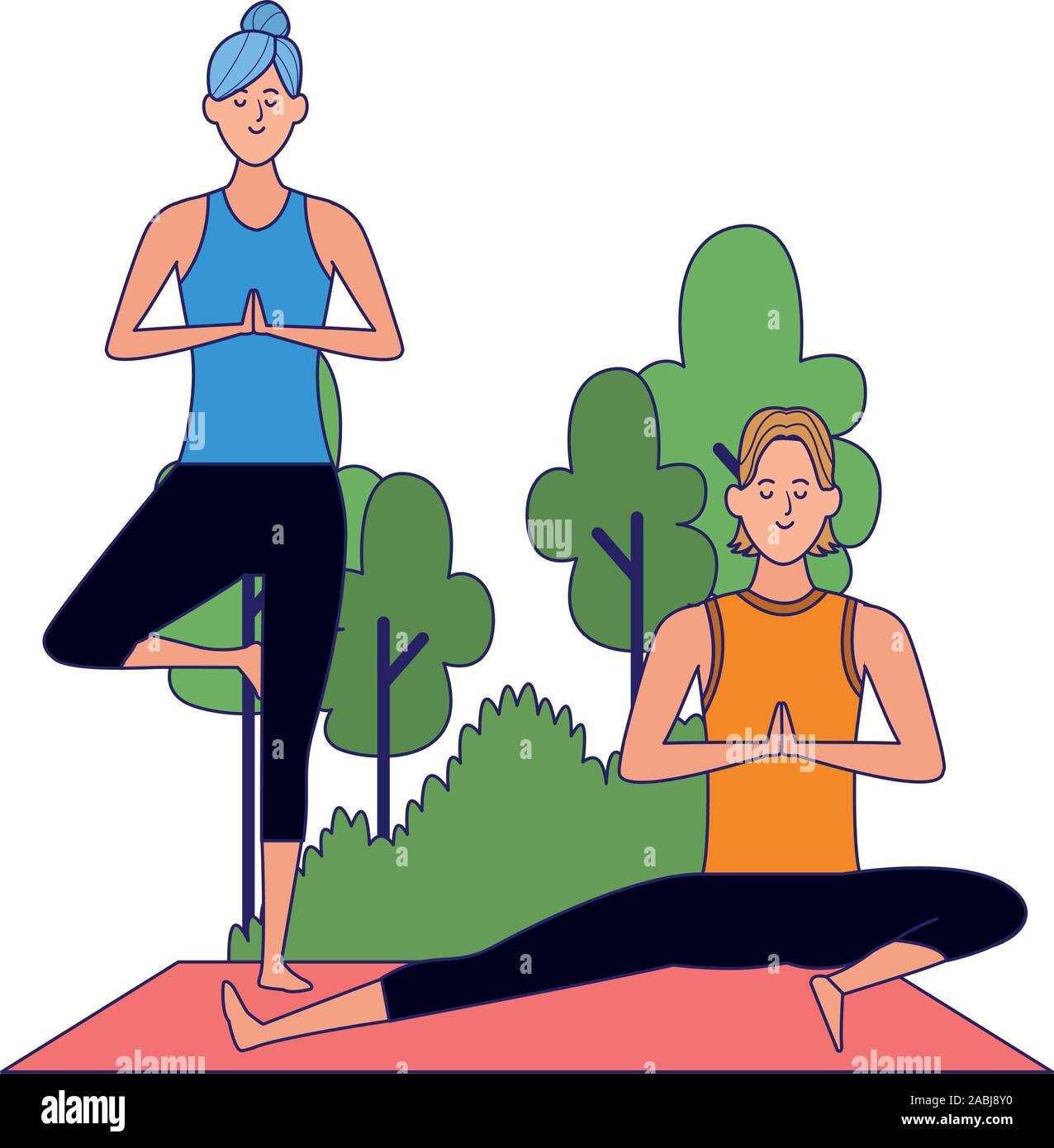 cartoon man and woman doing yoga poses at outdoors Stock Vector Image ...