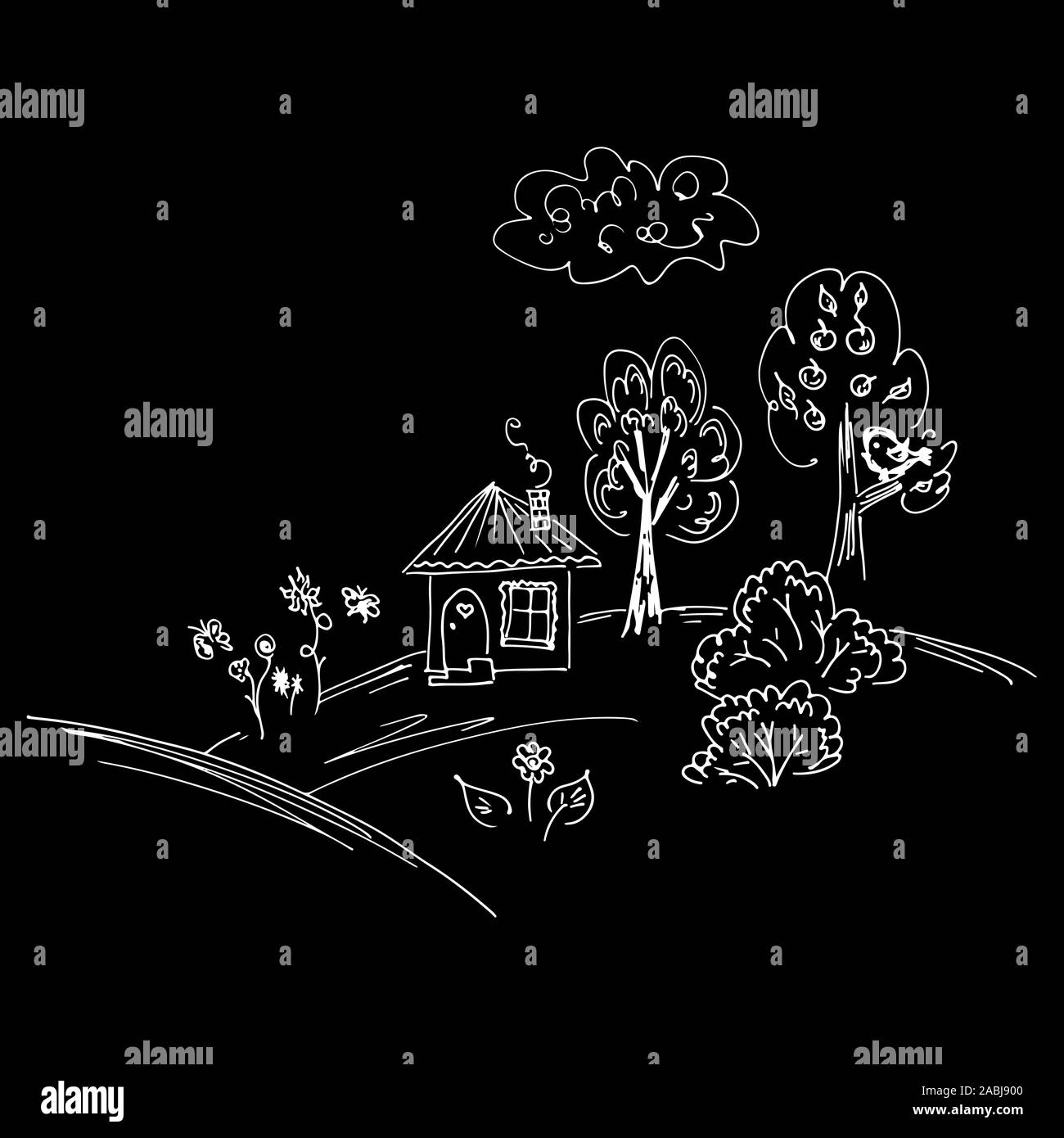 Sketch of countryside house surrounded by trees. Hand drawn vector ...