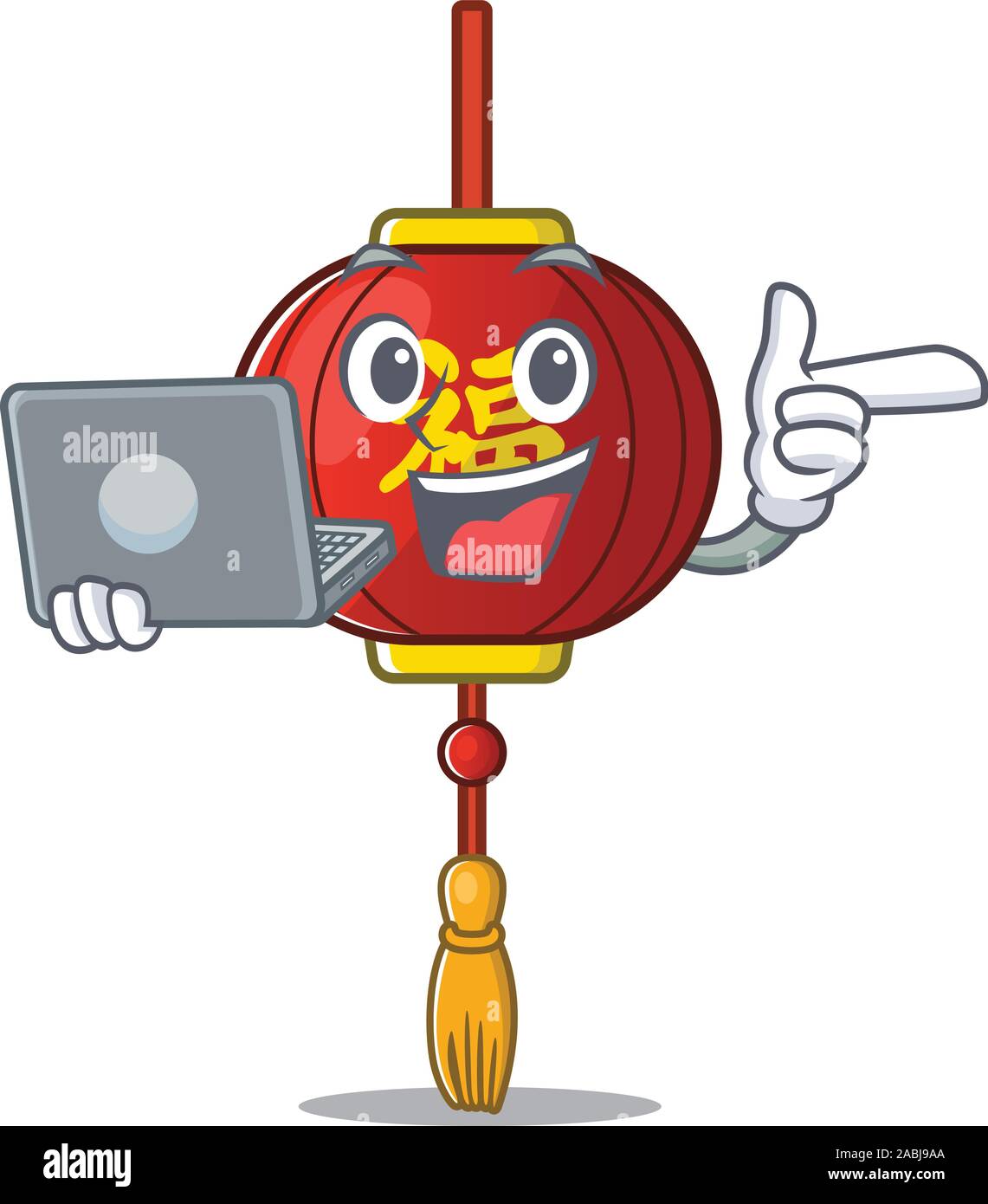 Happy smiling asian lantern cartoon character working with laptop Stock ...