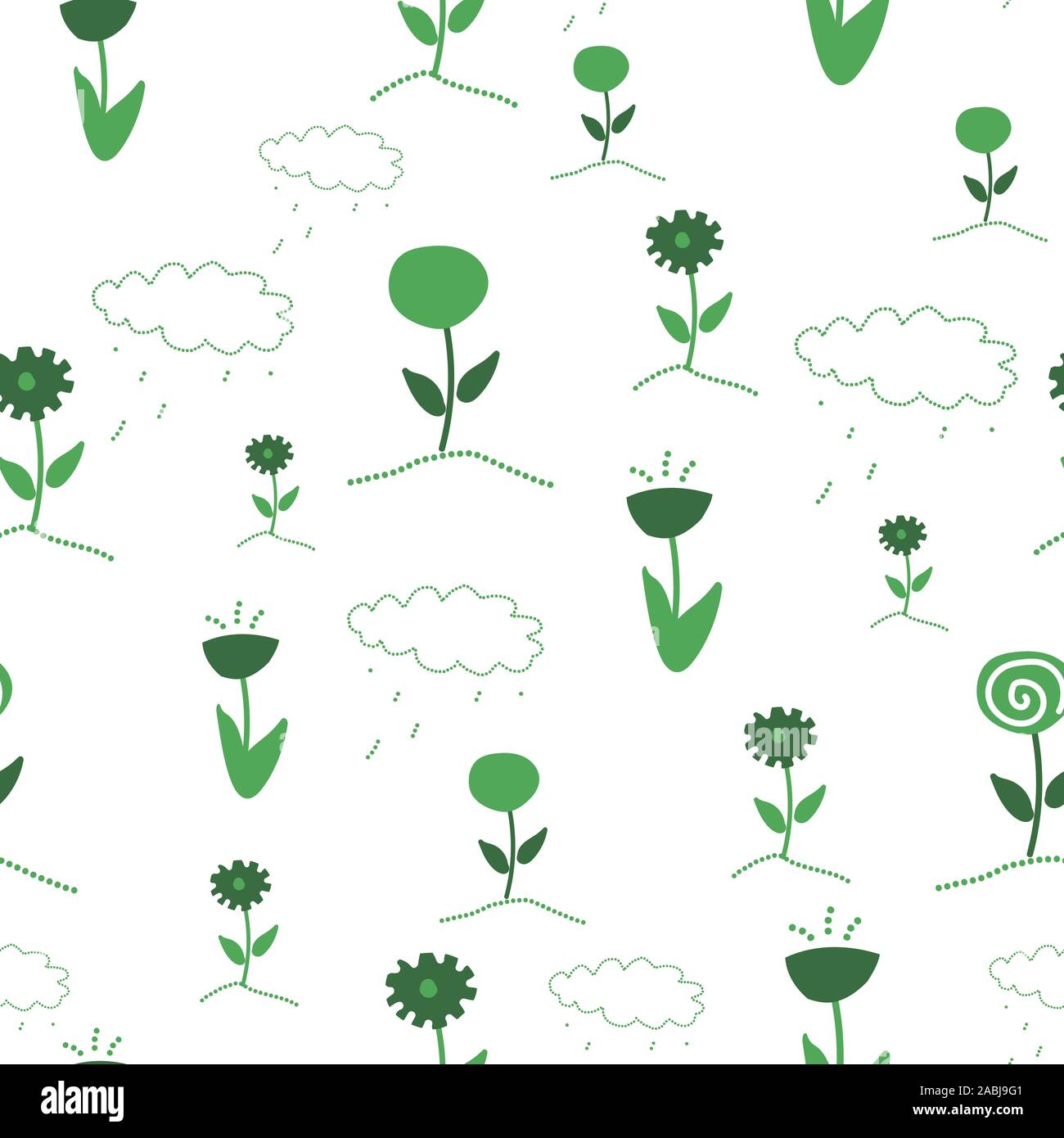 A siple doodle seamless vector pattern with green flowers and rain ...