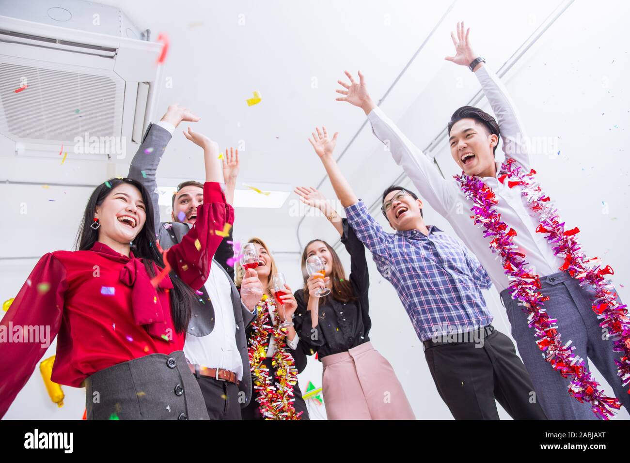 Business winner team gladful party greeting celebration in office all ...