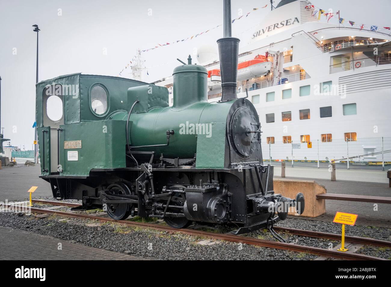 Preserved steam locomotive on waterfront at Reykjavik, Iceland. It was ...