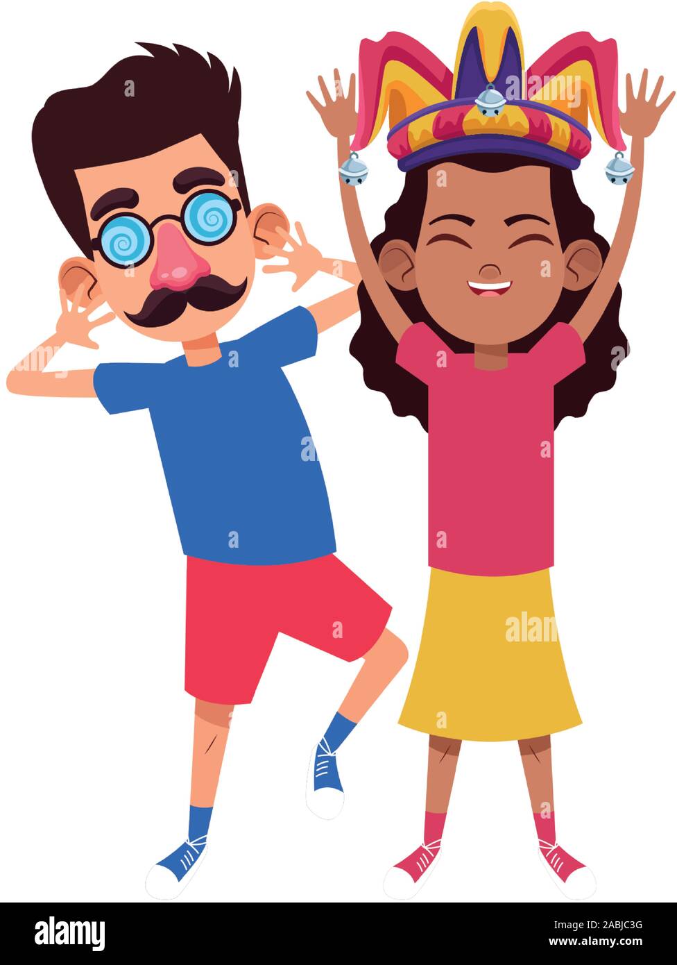 cartoon girl with jester hat and boy with crazy glasses icon Stock ...