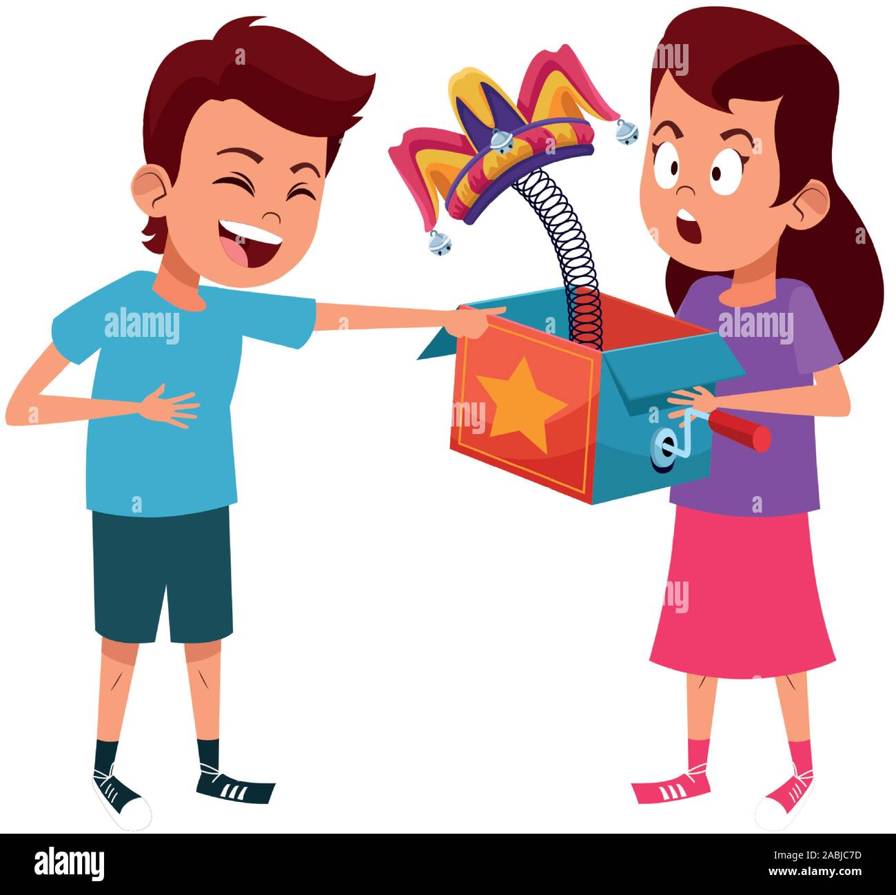 cartoon girl with joke box and boy laughing icon, flat design Stock ...