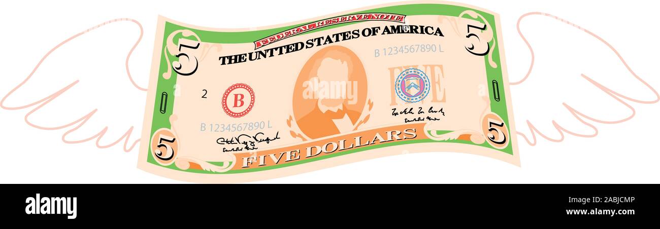This is a illustration of Feathered Deformed 5 dollars note Stock ...