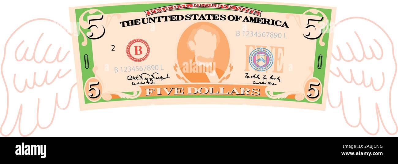 This is a illustration of Feathered Deformed 5 dollars note Stock ...
