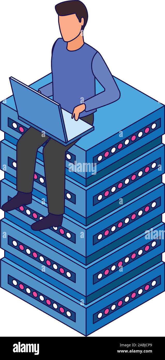 avatar man using a laptop computer and sitting on data storage center ...