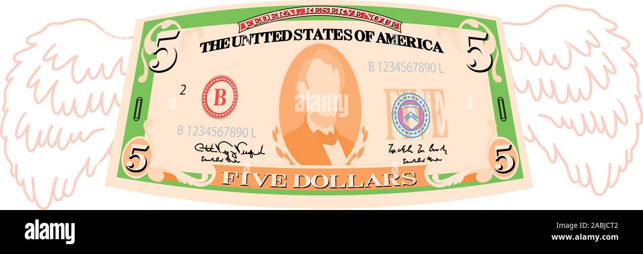 This is a illustration of Feathered Deformed 5 dollars note Stock ...