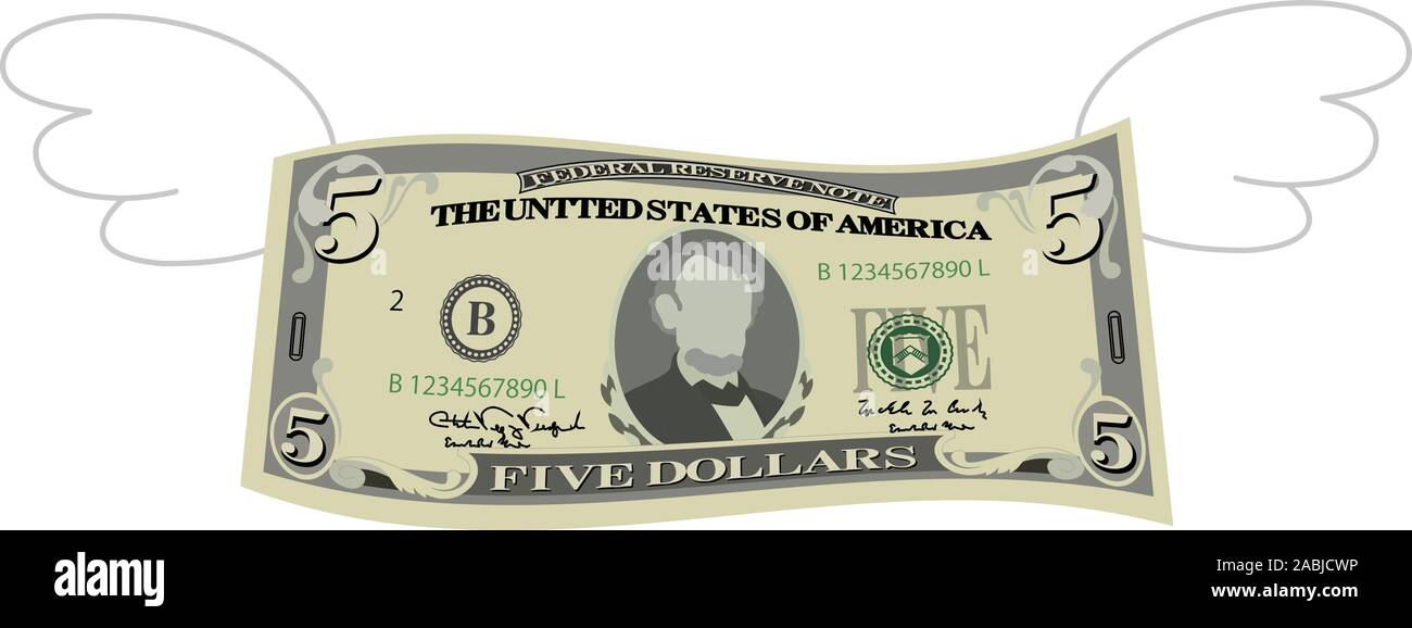 This is a illustration of Feathered Deformed 5 dollars note Stock ...