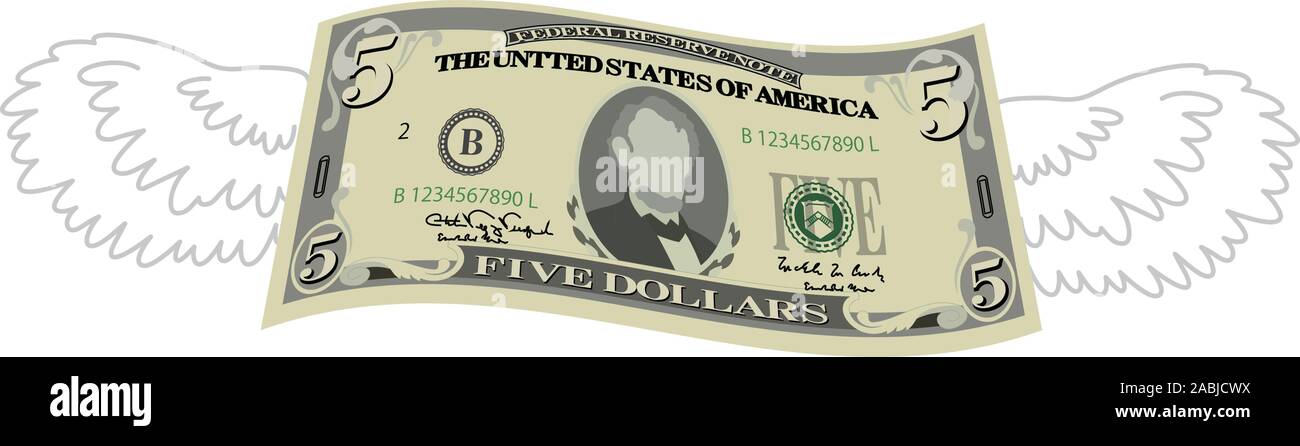 This is a illustration of Feathered Deformed 5 dollars note Stock ...