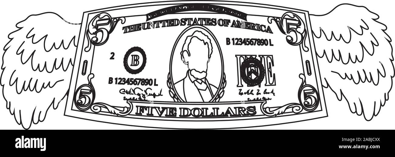 This is a illustration of Feathered Deformed 5 dollars note Stock ...