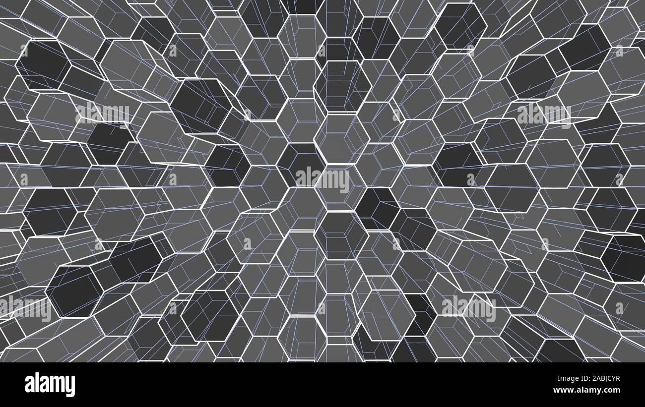 Abstract background of colorful outline hexagons. 3D illustration. Wire ...