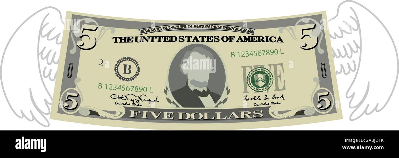 This is a illustration of Feathered Deformed 5 dollars note Stock ...