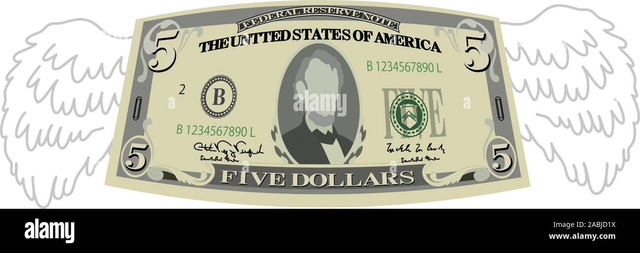 This is a illustration of Feathered Deformed 5 dollars note Stock ...