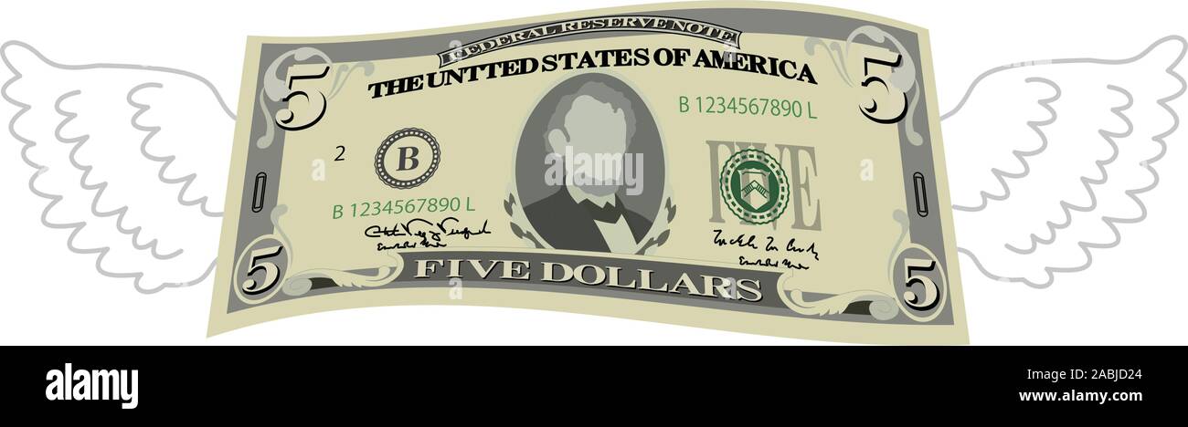 This is a illustration of Feathered Deformed 5 dollars note Stock ...