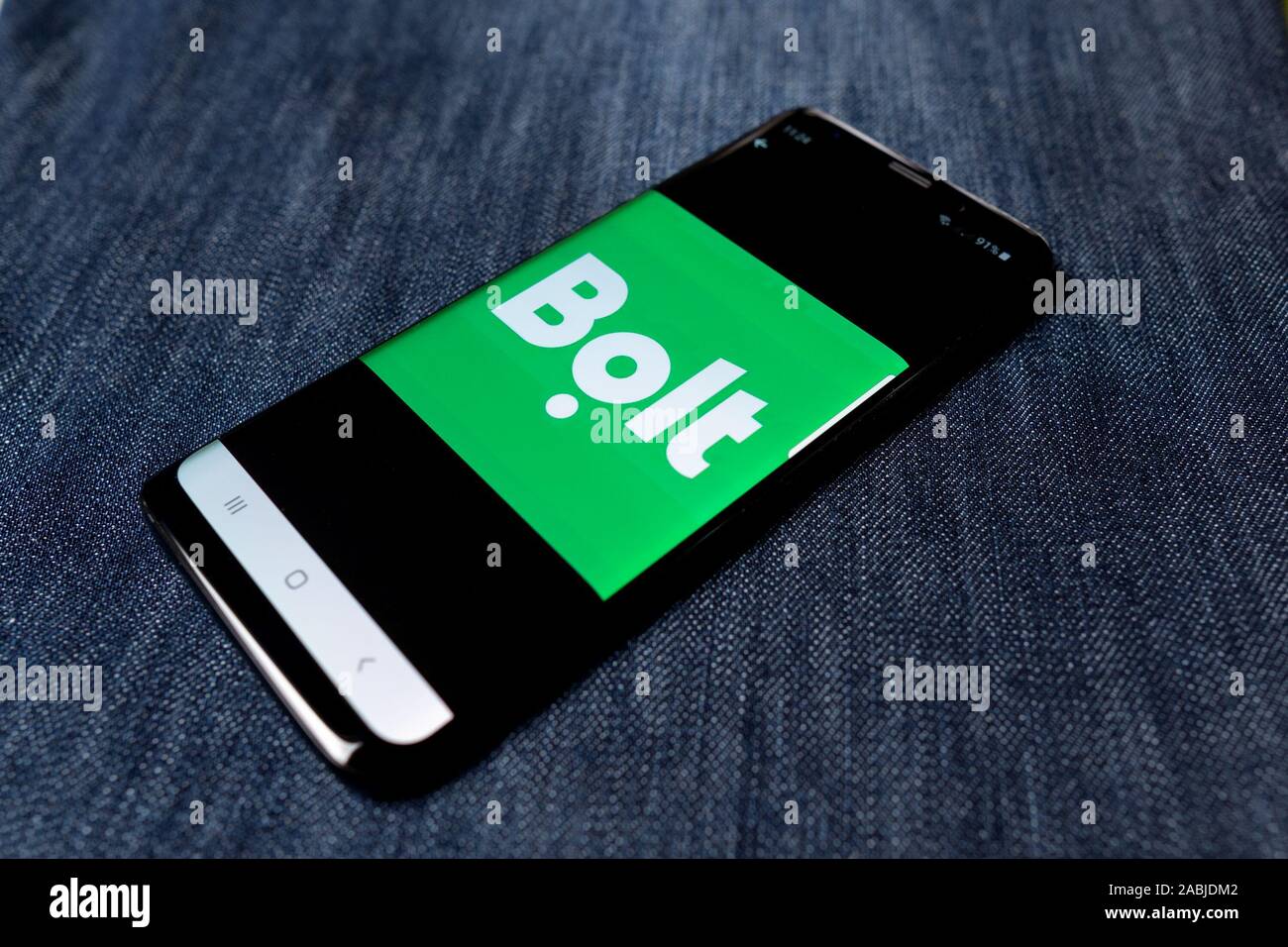Odessa, Ukraine - October 26, 2019: Bolt app. Bolt logo visible on ...