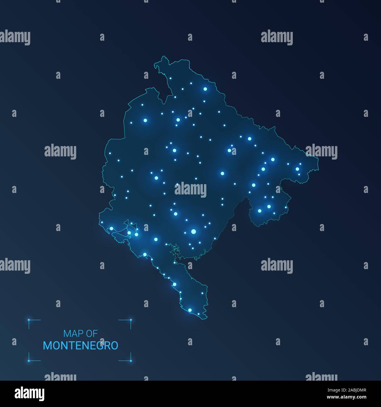 Montenegro map with cities. Luminous dots - neon lights on dark ...