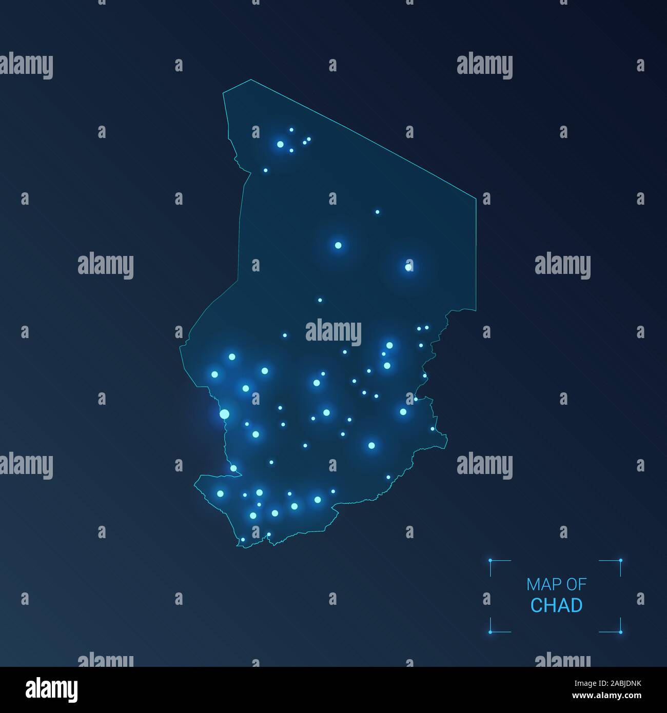 Chad map with cities. Luminous dots - neon lights on dark background ...