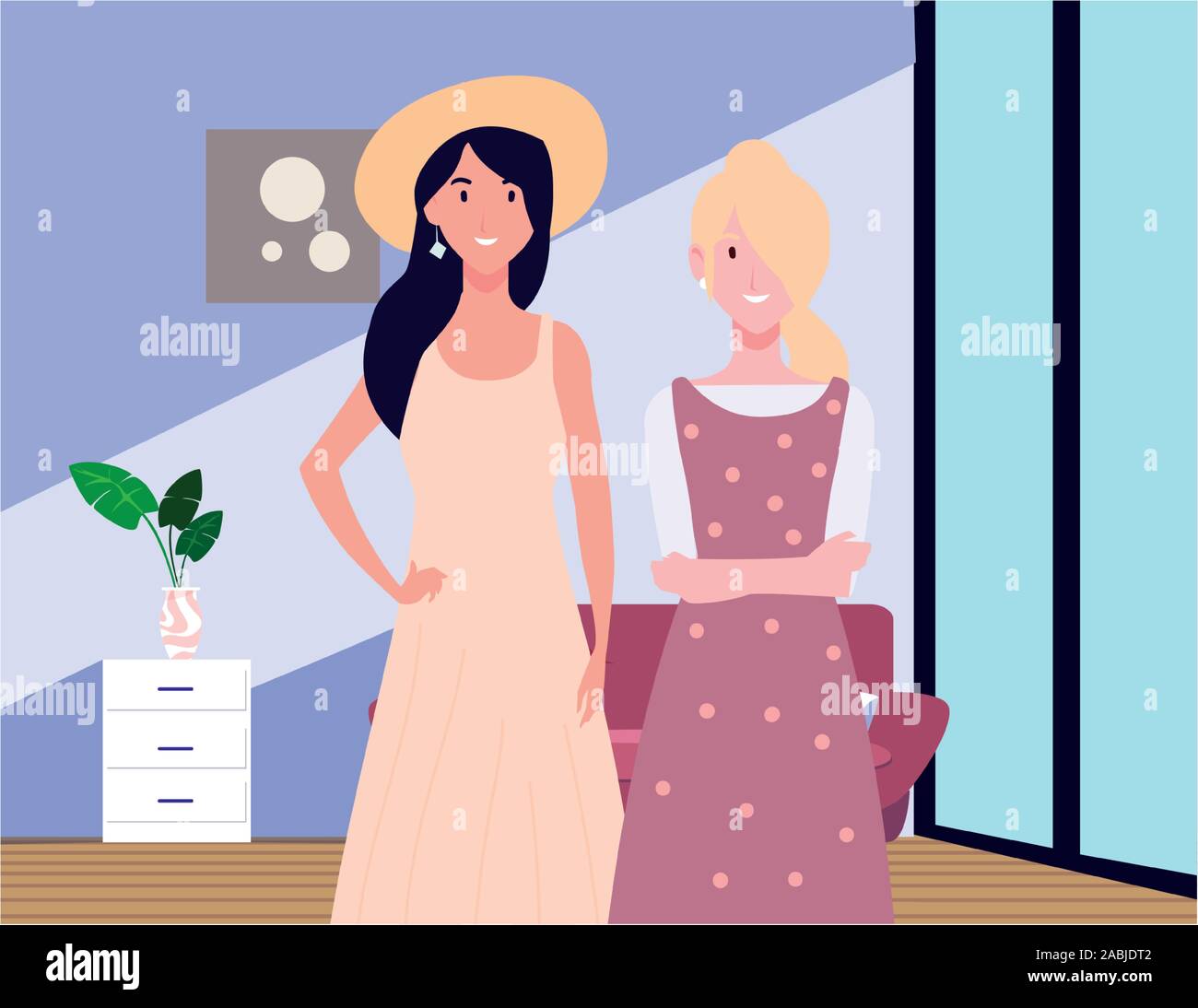women in the living room with different poses vector illustration ...
