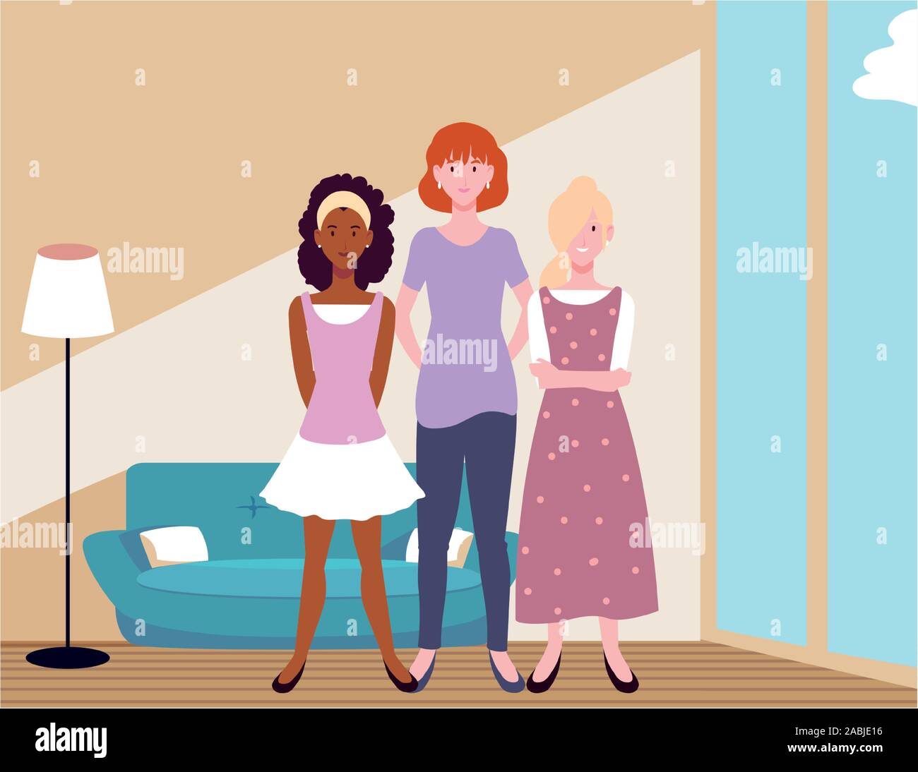 women in the living room with different poses vector illustration ...