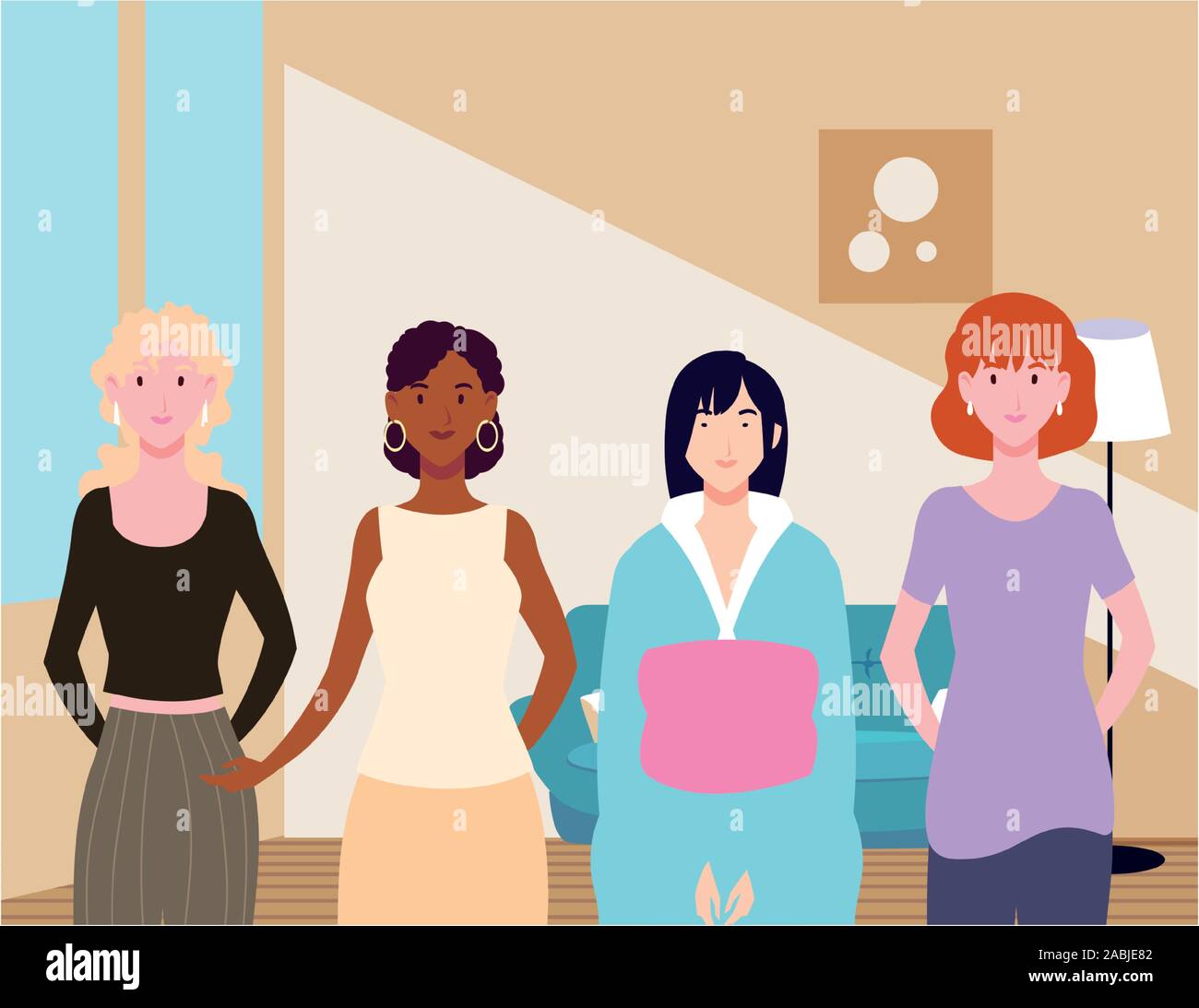 women in the living room with different poses vector illustration ...
