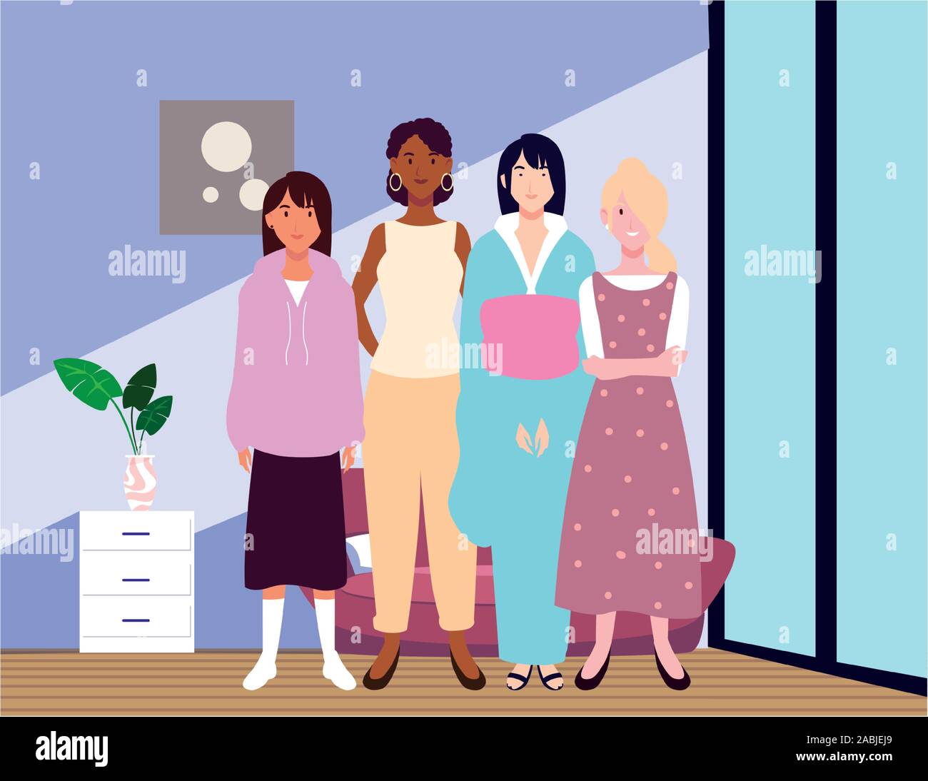 women in the living room with different poses vector illustration ...
