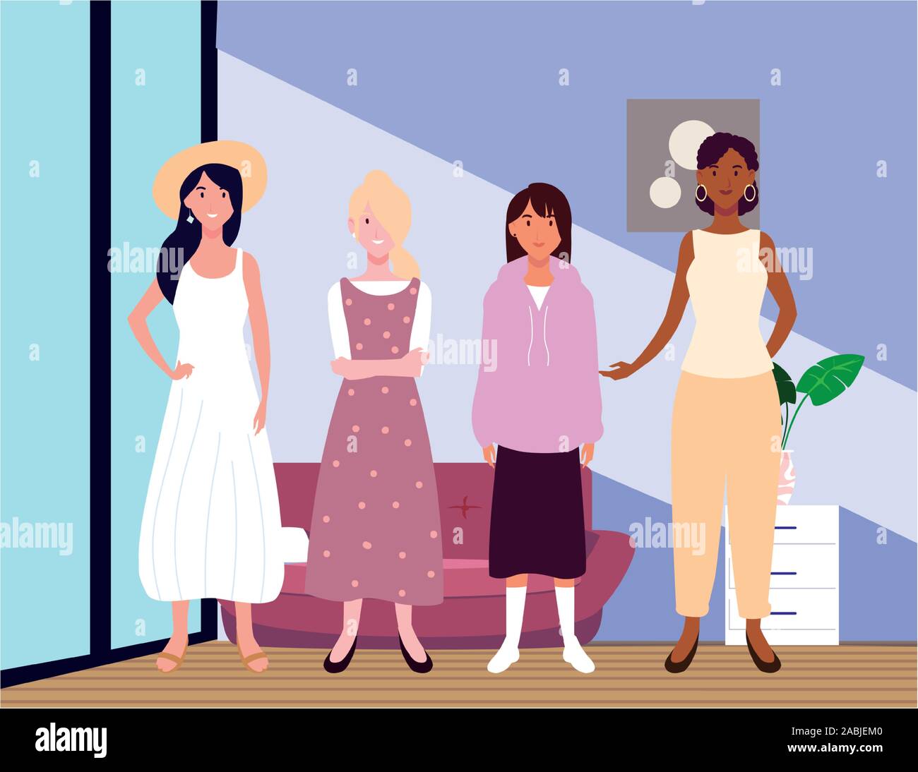 women in the living room with different poses vector illustration ...