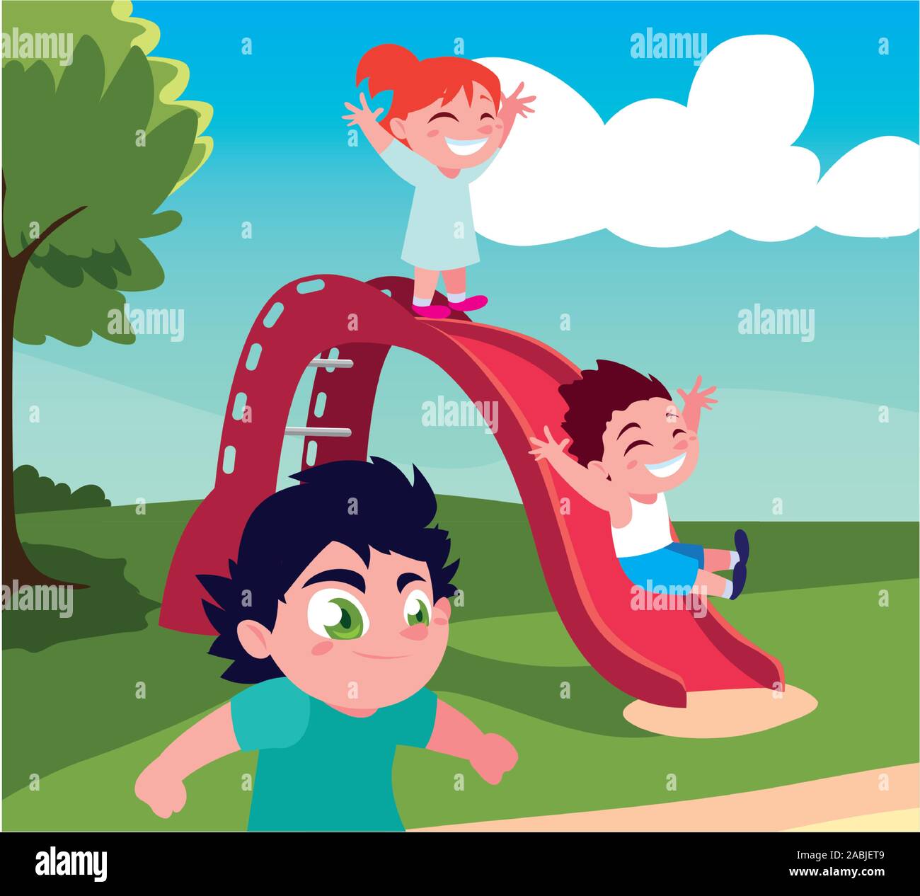 scene of children smiling and playing in park vector illustration ...