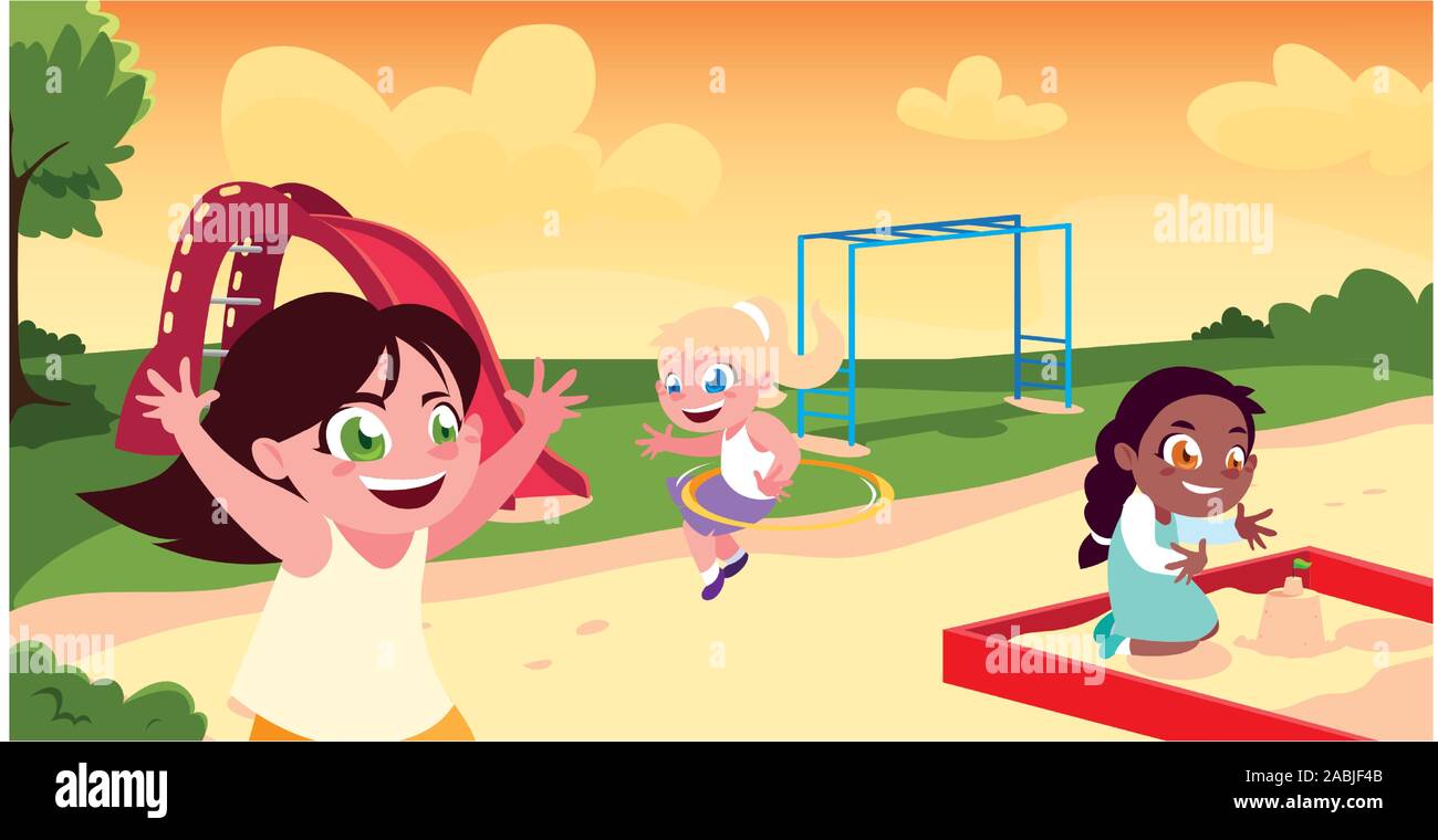 scene of children smiling and playing in park vector illustration ...