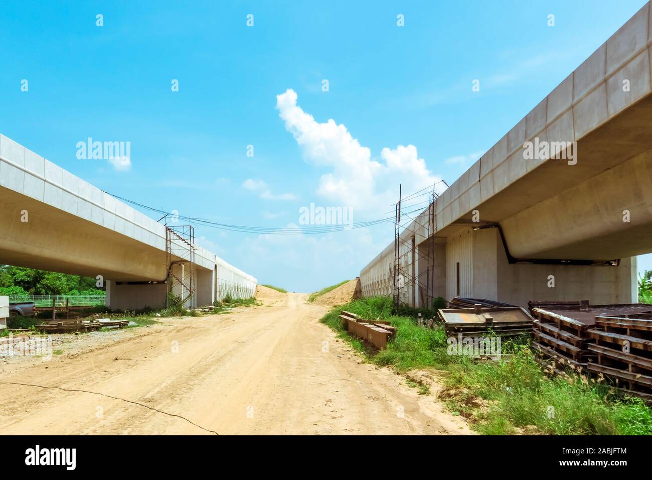 Unfinished of construction of the large concrete bridge of the motorway ...