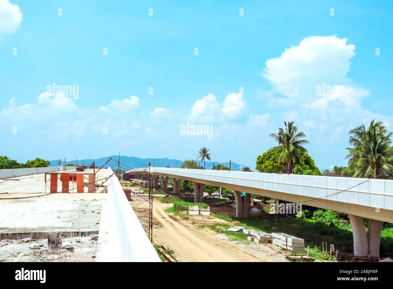 Unfinished of construction of the large concrete bridge of the motorway ...