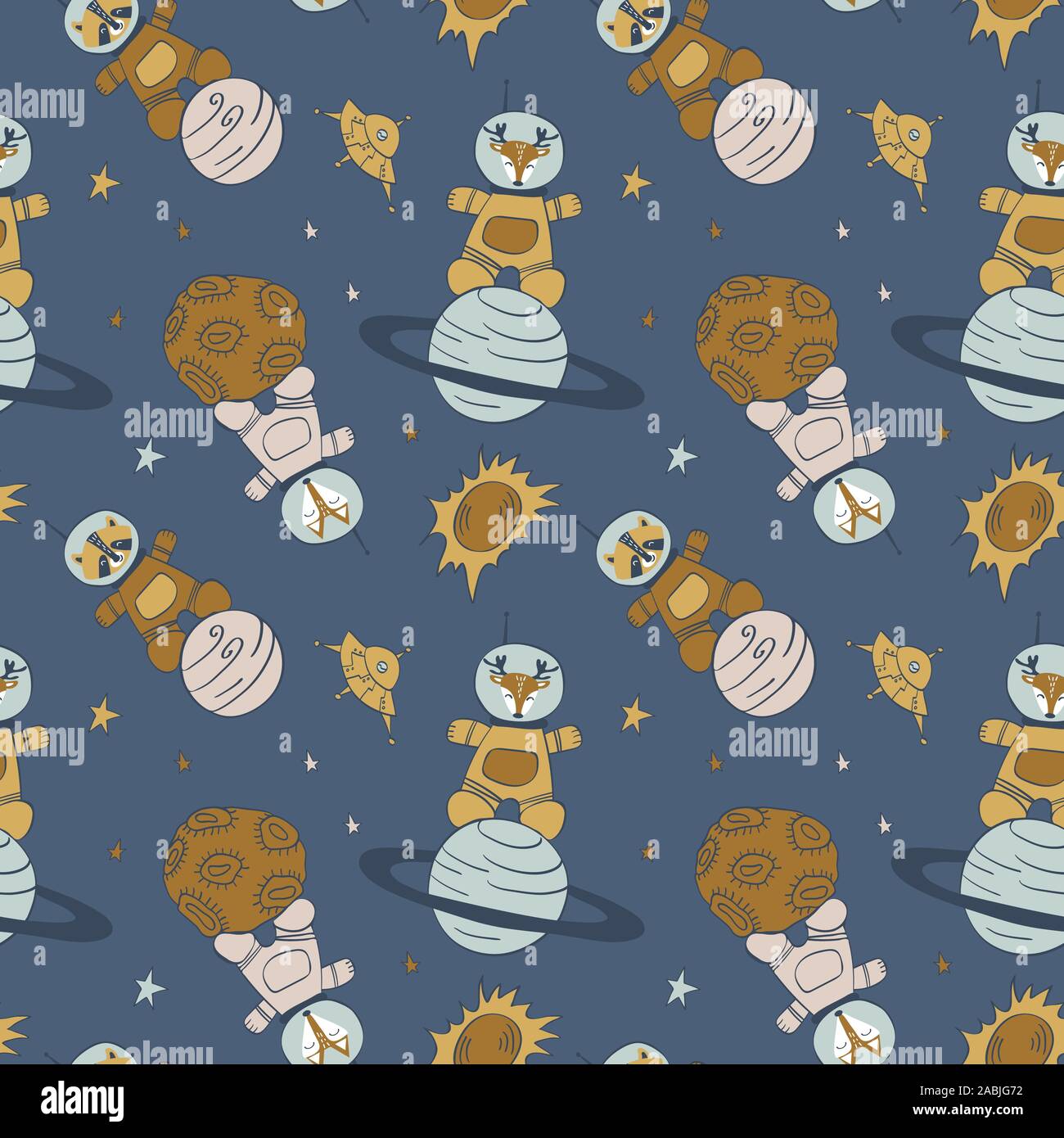Childish seamless pattern with cute animals in space. Fox, raccoon and ...
