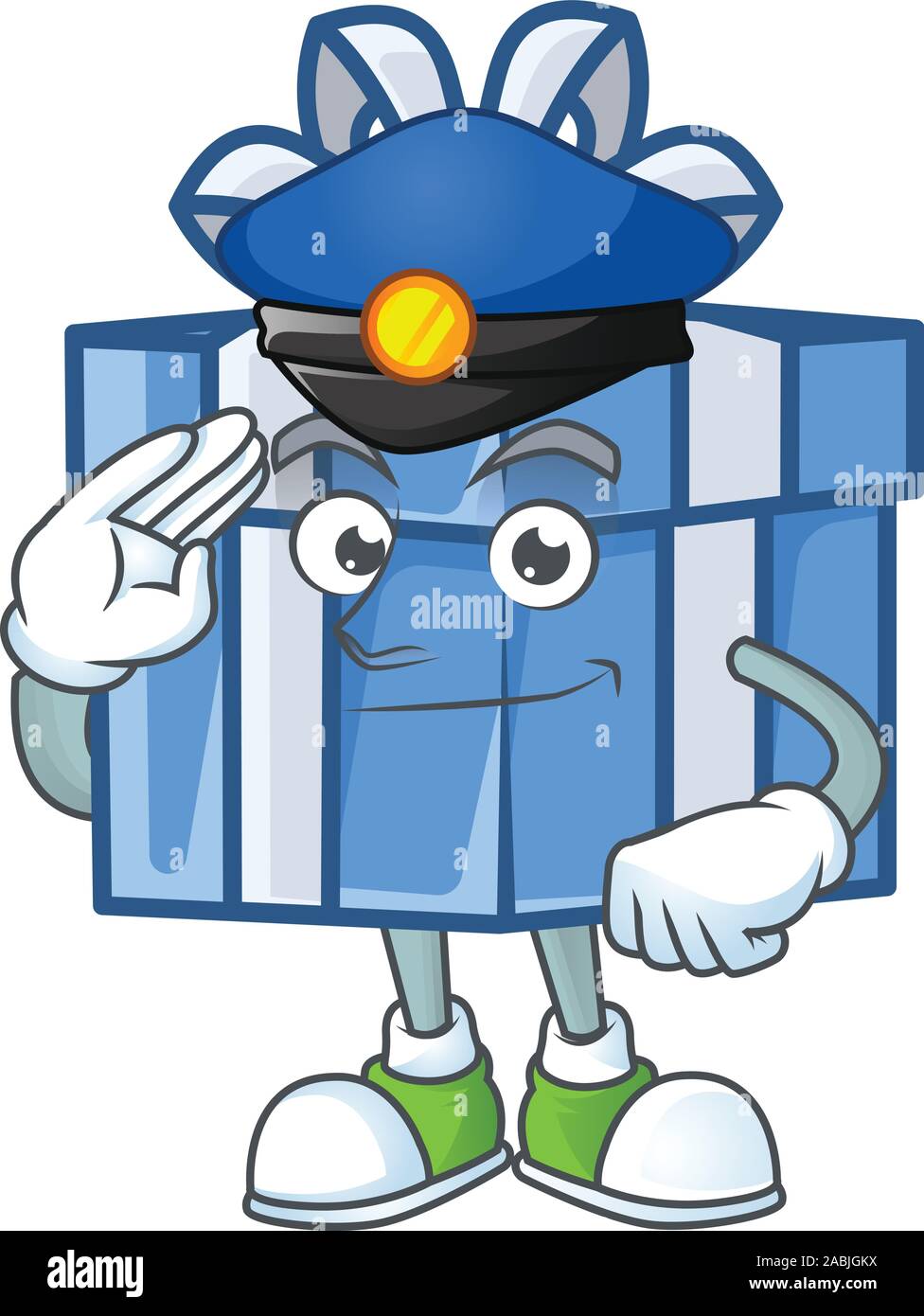 Blue gift box Cartoon character dressed as a Police officer Stock ...