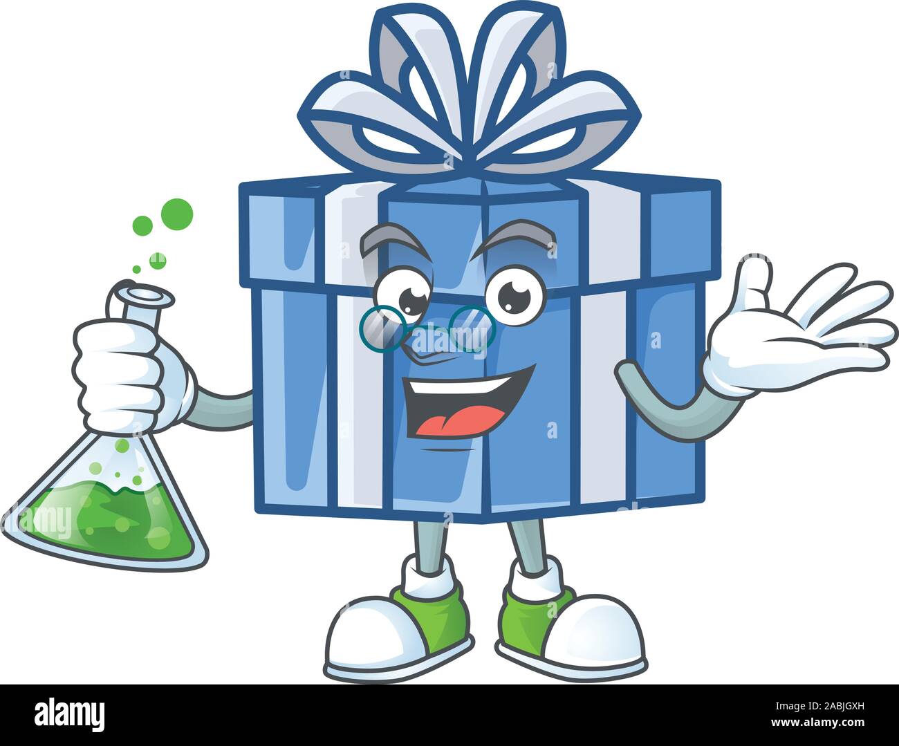 Smart Professor blue gift box cartoon character holding glass tube ...