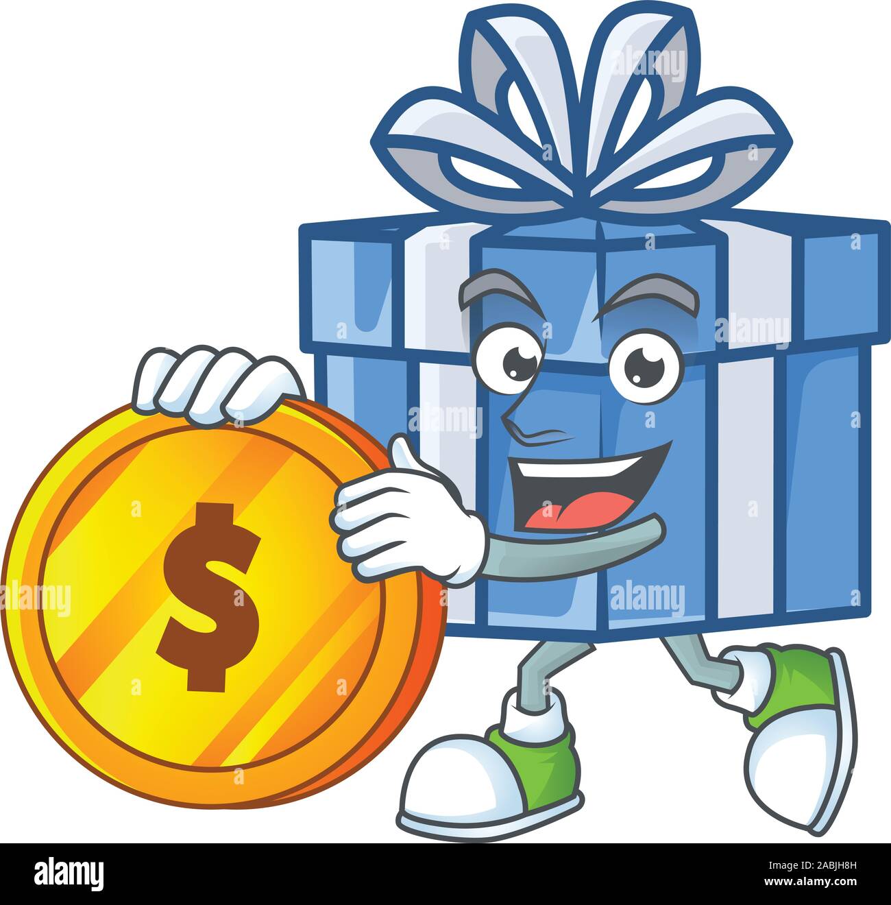 happy blue gift box cartoon character with gold coin Stock Vector Image ...