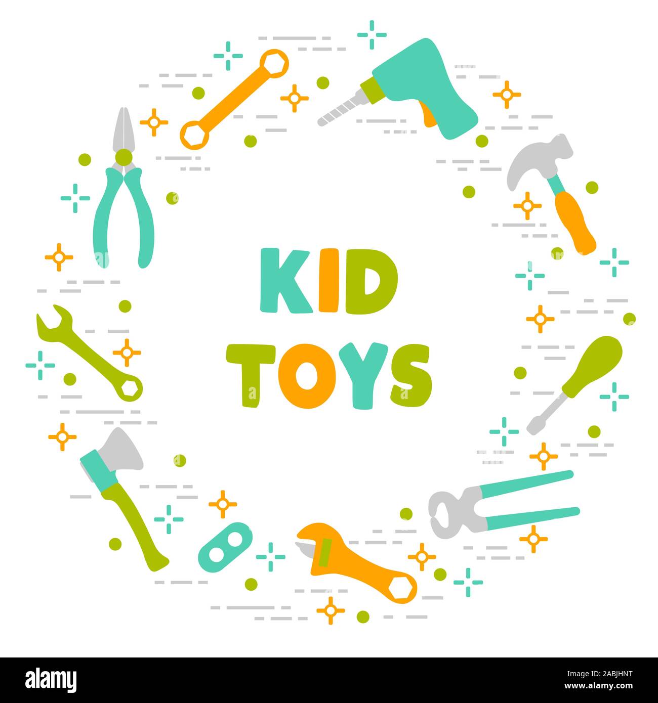 Vector illustration with kid toys Toy tools Drill, ax, hammer ...