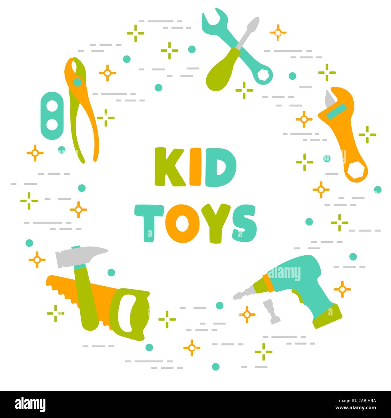 Vector illustration with kid toys. Toy tools. Saw, hammer, screwdrivers ...