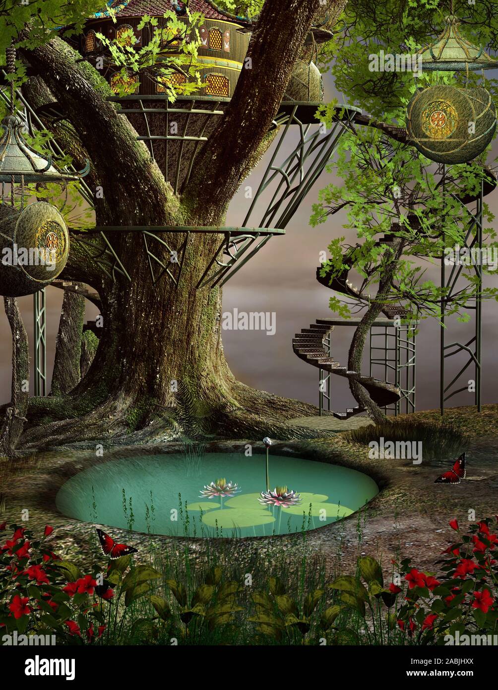 Tree house by a green pond Stock Photo - Alamy