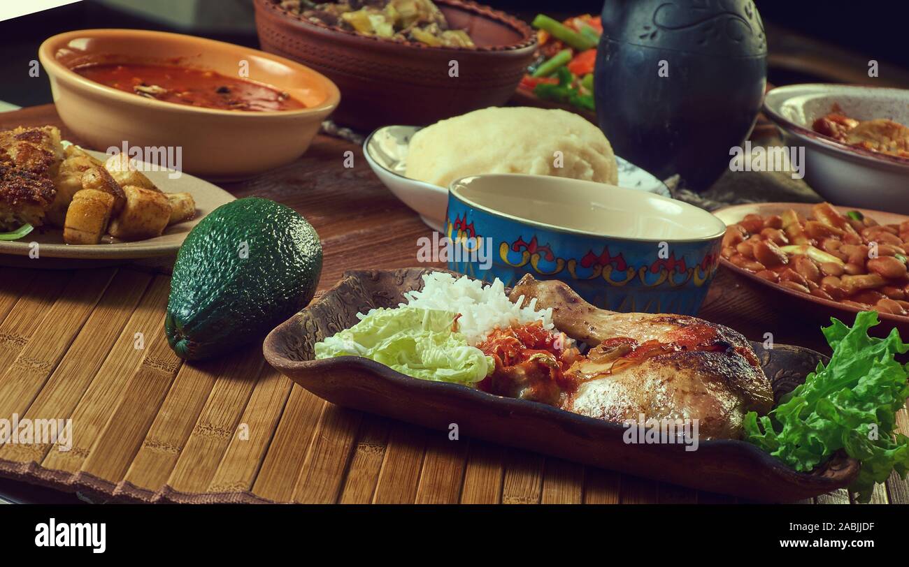 Congolese cuisine, Traditional assorted African dishes, Top view Stock ...