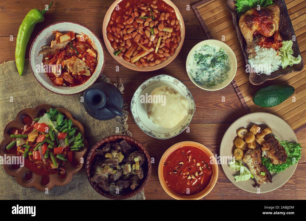 Congolese cuisine, Traditional assorted African dishes, Top view Stock ...