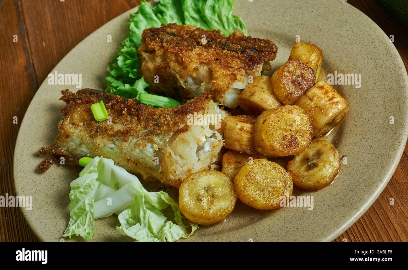 Ngolo, fried fish with bananas, Congolese cuisine, Traditional assorted ...