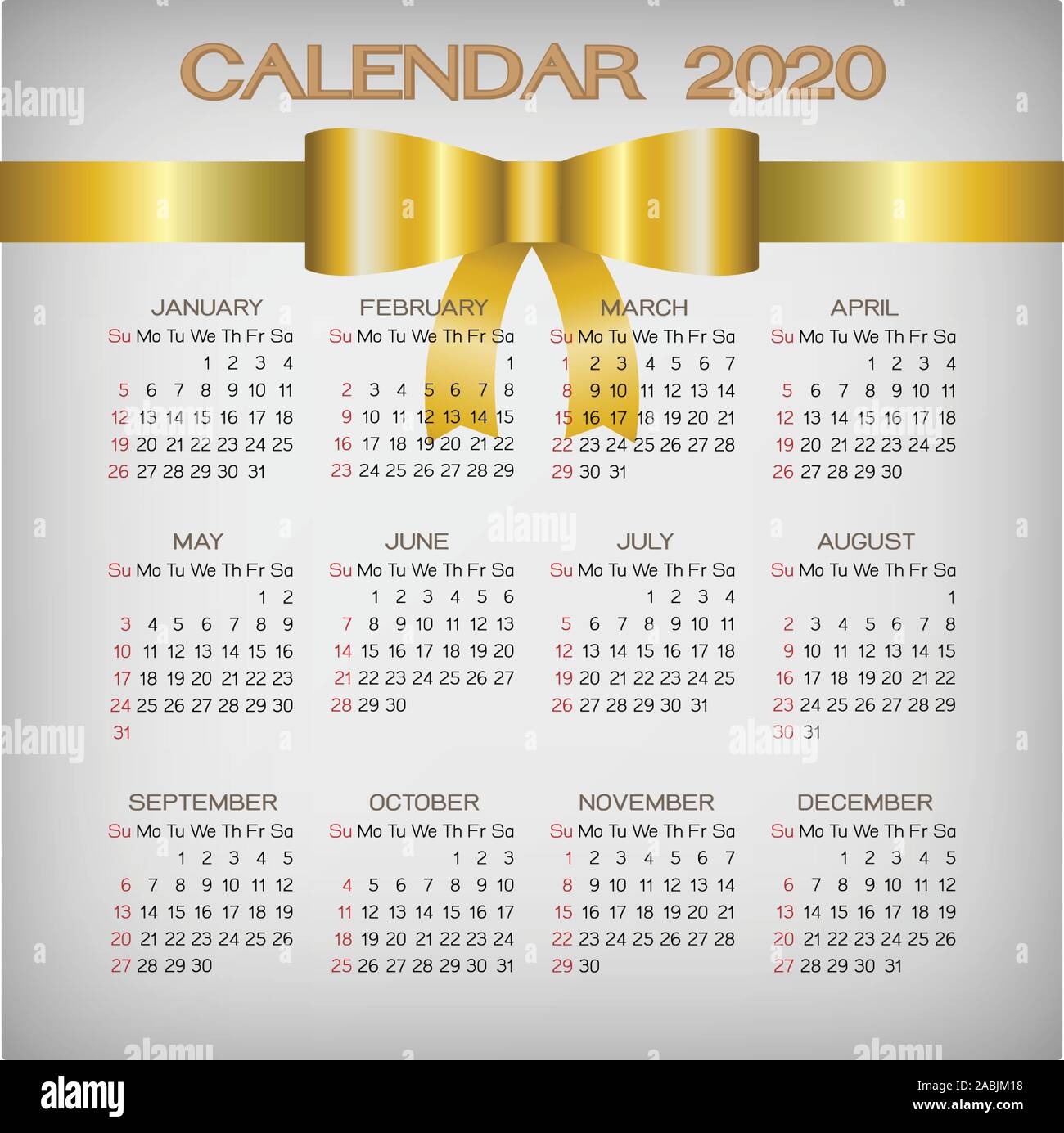 Gold ribbon 2020 calendar template, stock vector Stock Vector Image ...
