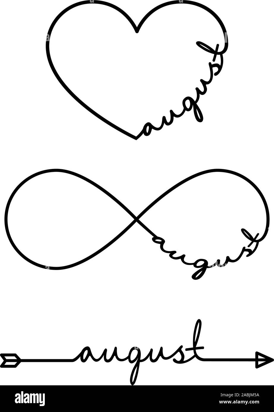 August - word with infinity symbol, hand drawn heart, one black arrow ...