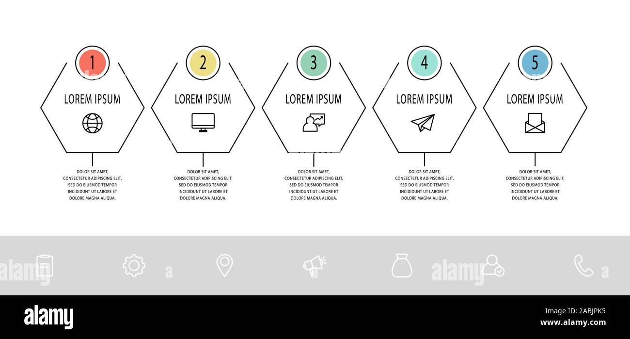 Vector flat infographic template. Line hexagon with text and icons for five diagrams, graph ...